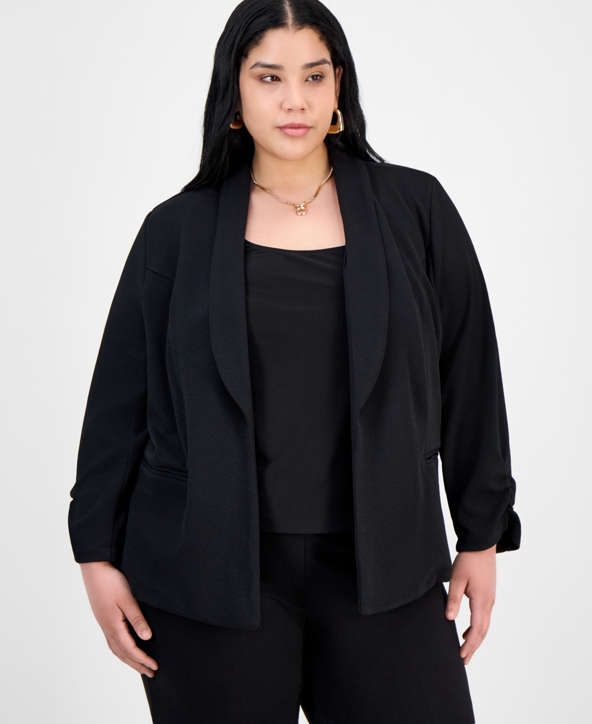 Click here for Bar Iii Trendy Plus Size Knit Drape-Front Blazer... prices