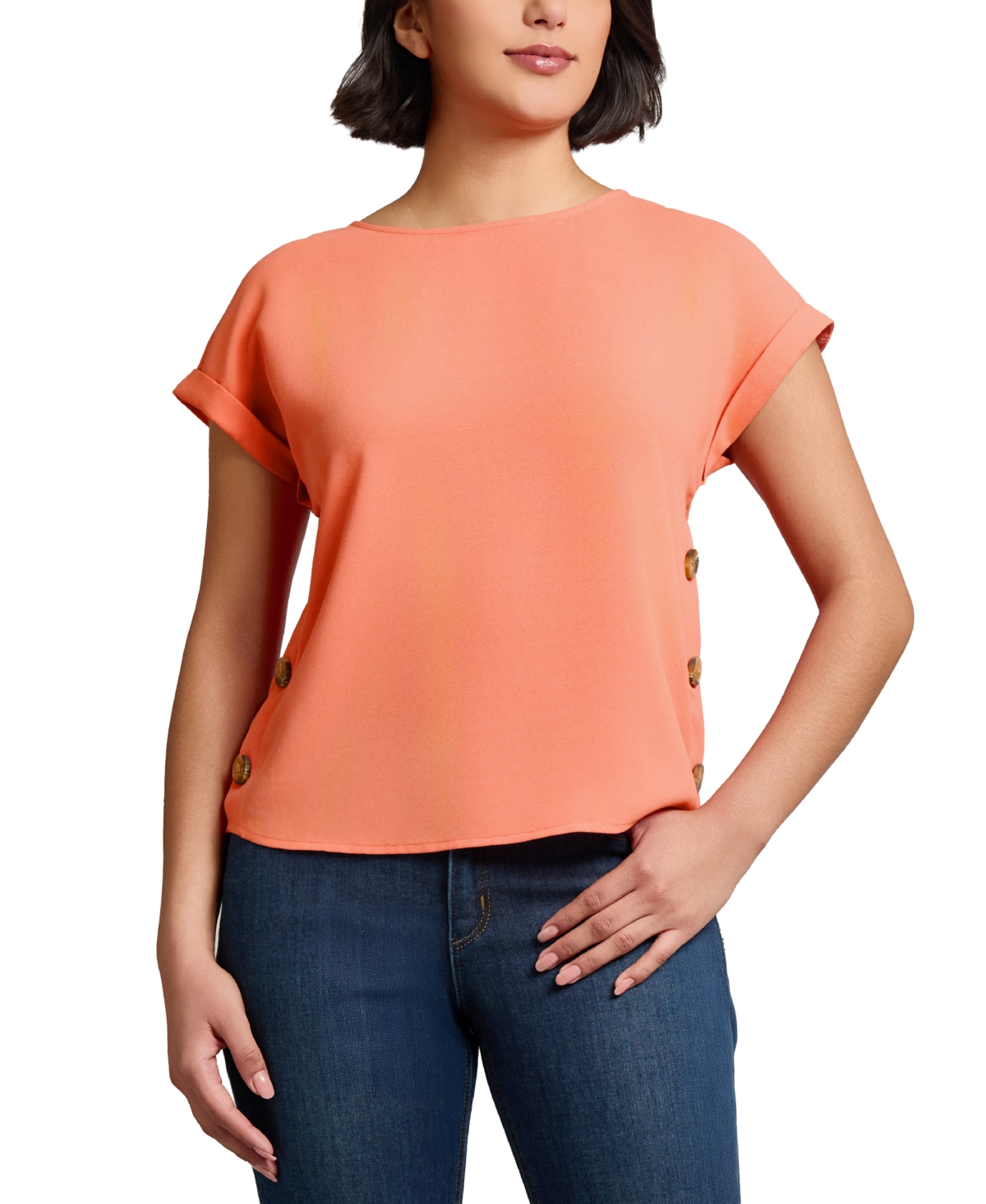 Click here for Jones New York Womens Side-Button Short-Sleeve Top... prices