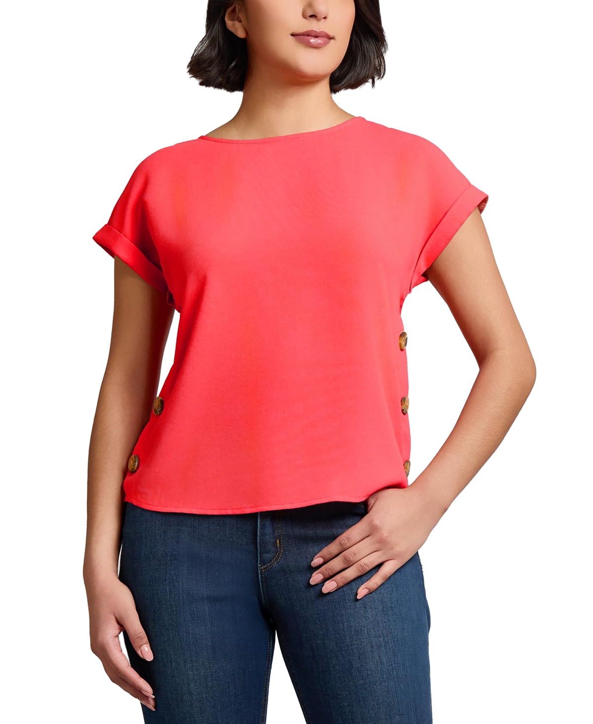 Click here for Jones New York Womens Side-Button Short-Sleeve Top... prices
