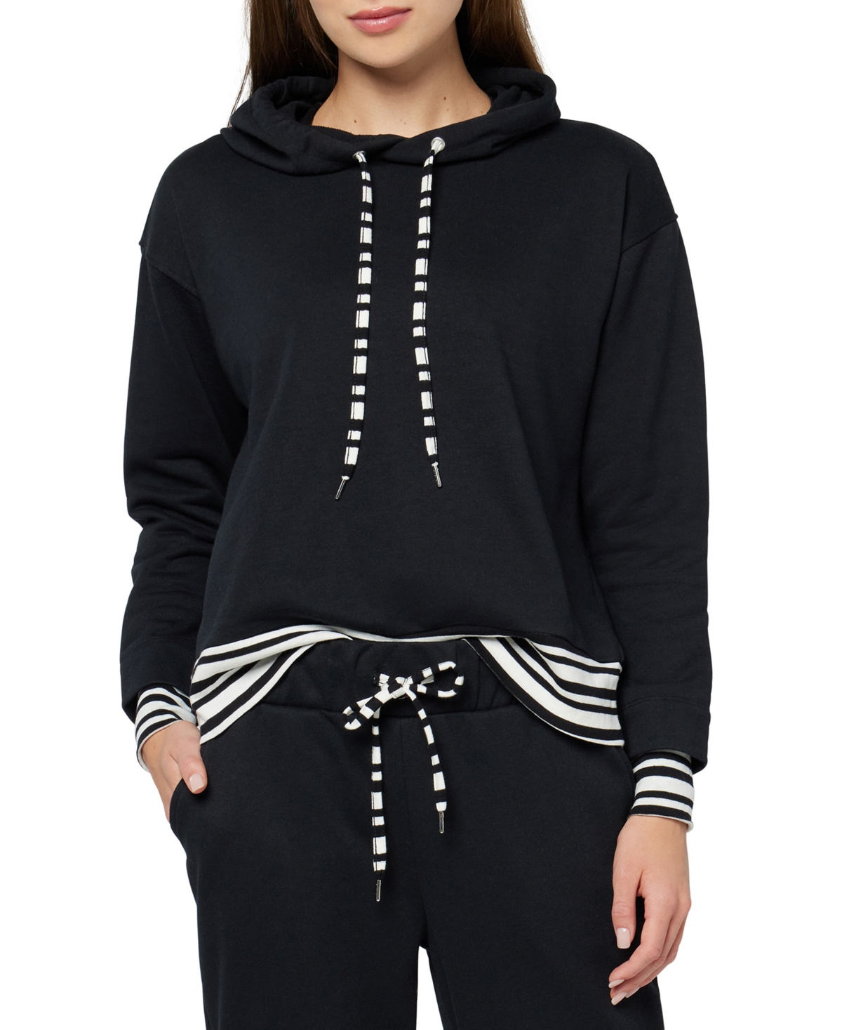 Click here for Three Dots Womens Striped Trim Pullover Hoodie - B... prices