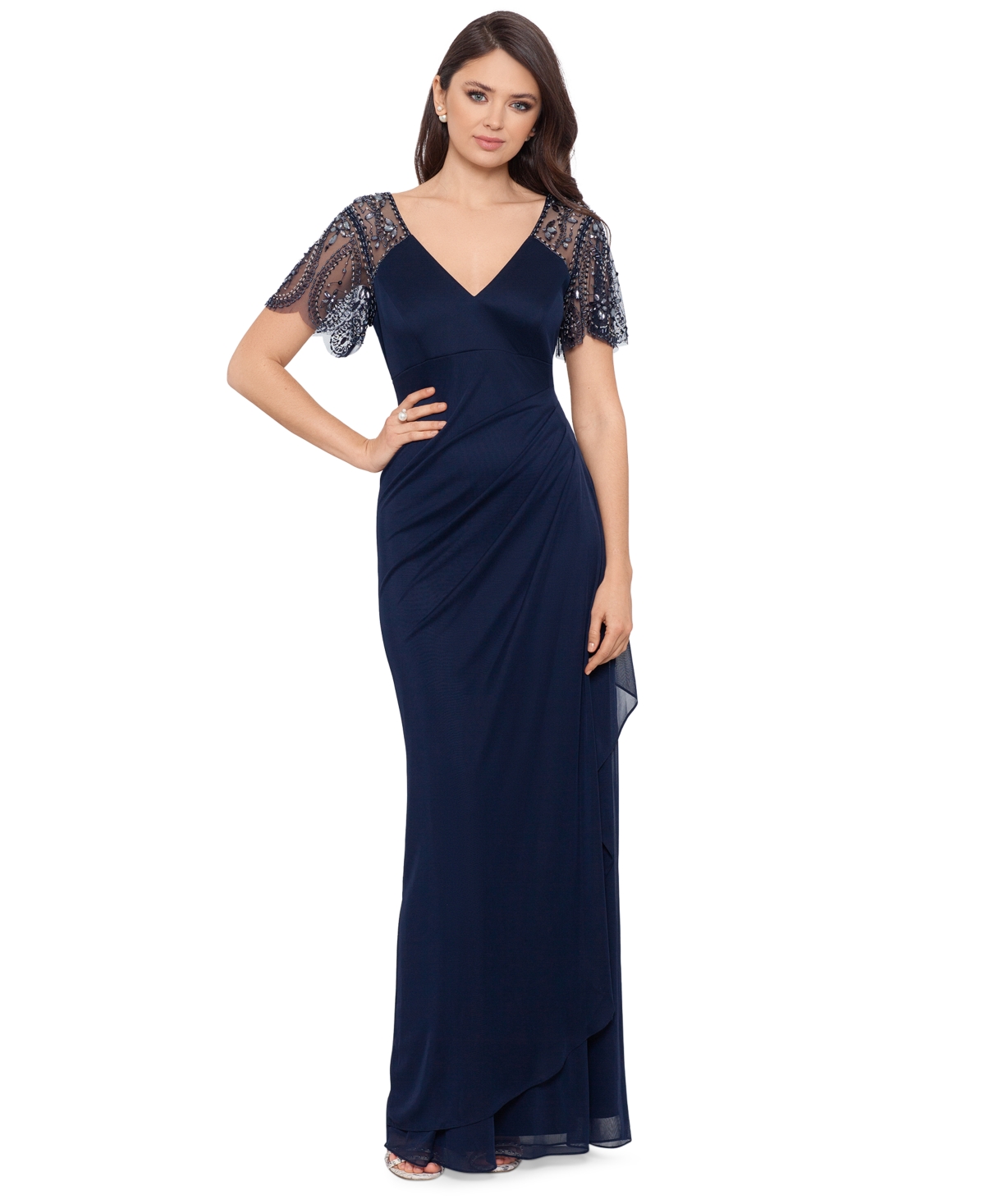 Click here for Xscape Beaded-Sleeve Gown - Navy prices