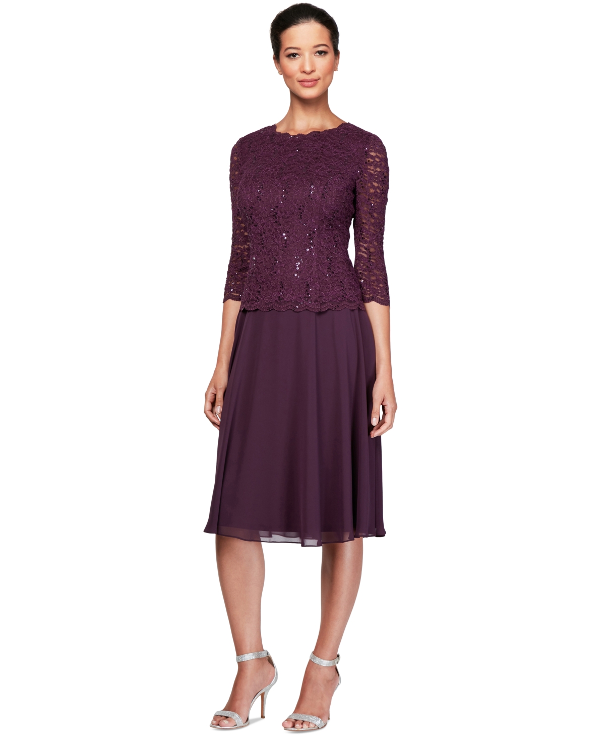 Click here for Alex Evenings Sequined Lace Contrast Dress - Deep... prices