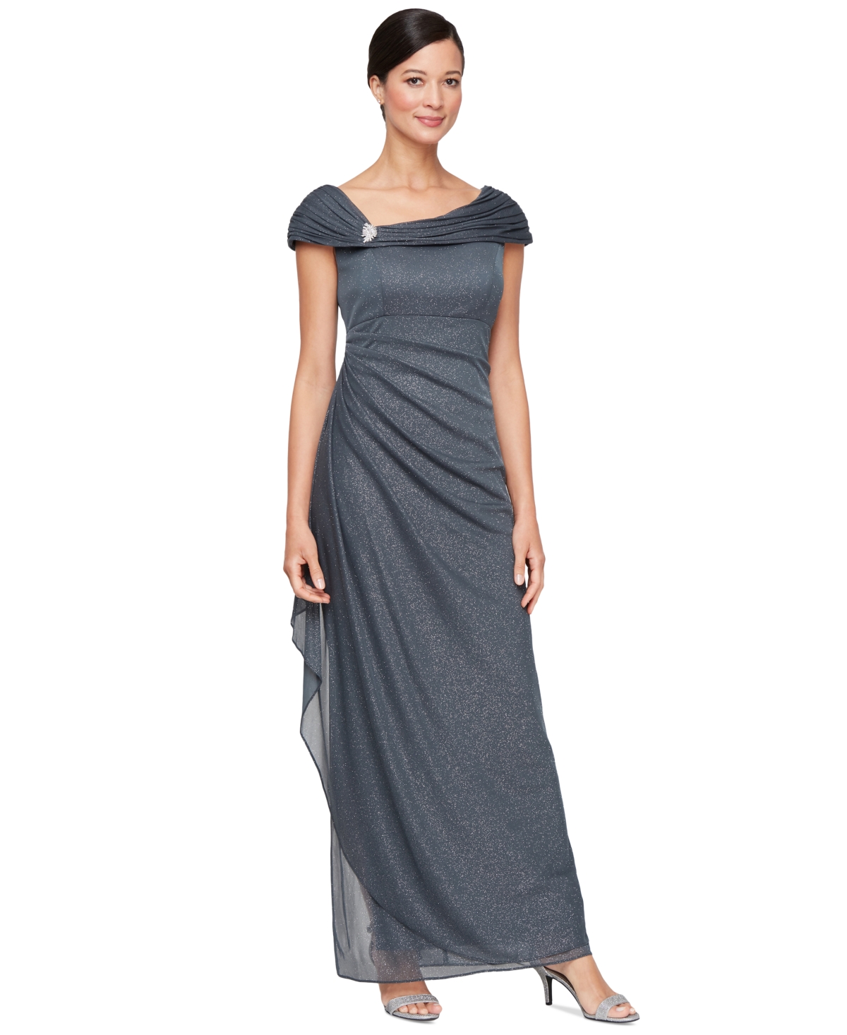Click here for Alex Evenings Womens Glittered Ruched Gown - Smoke prices