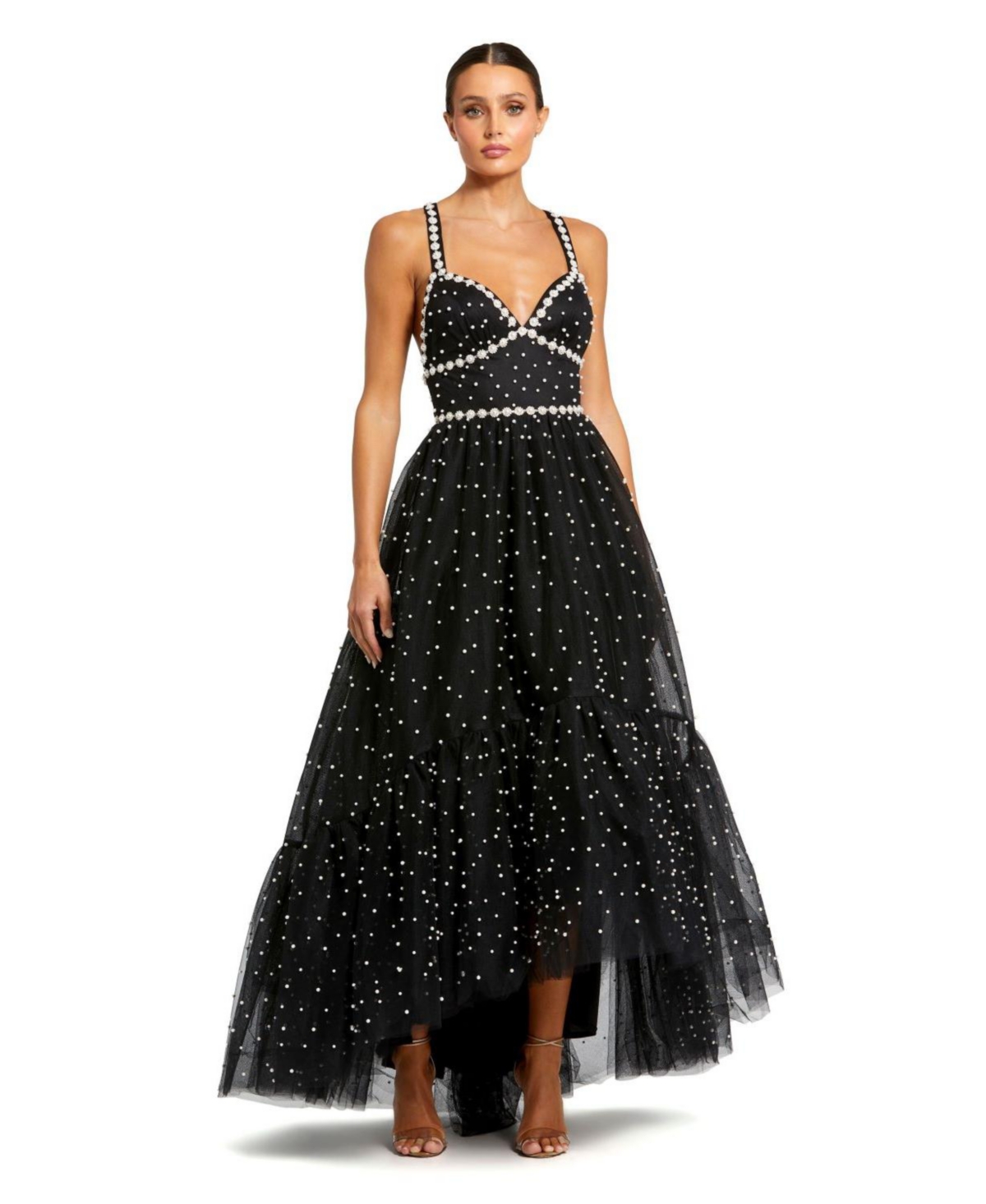 Click here for Mac Duggal Womens Pearl Beaded High Low Gown - Bla... prices