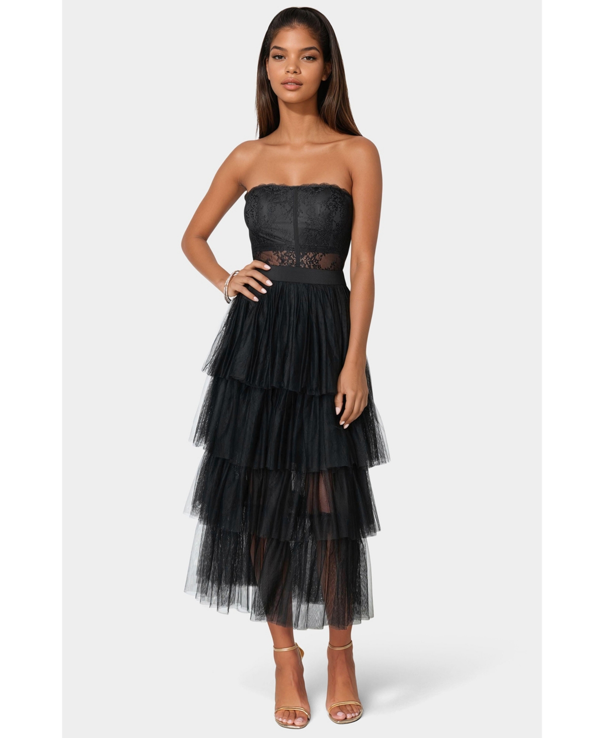 Click here for Bebe Womens Tulle Corset Midi Dress - Black prices