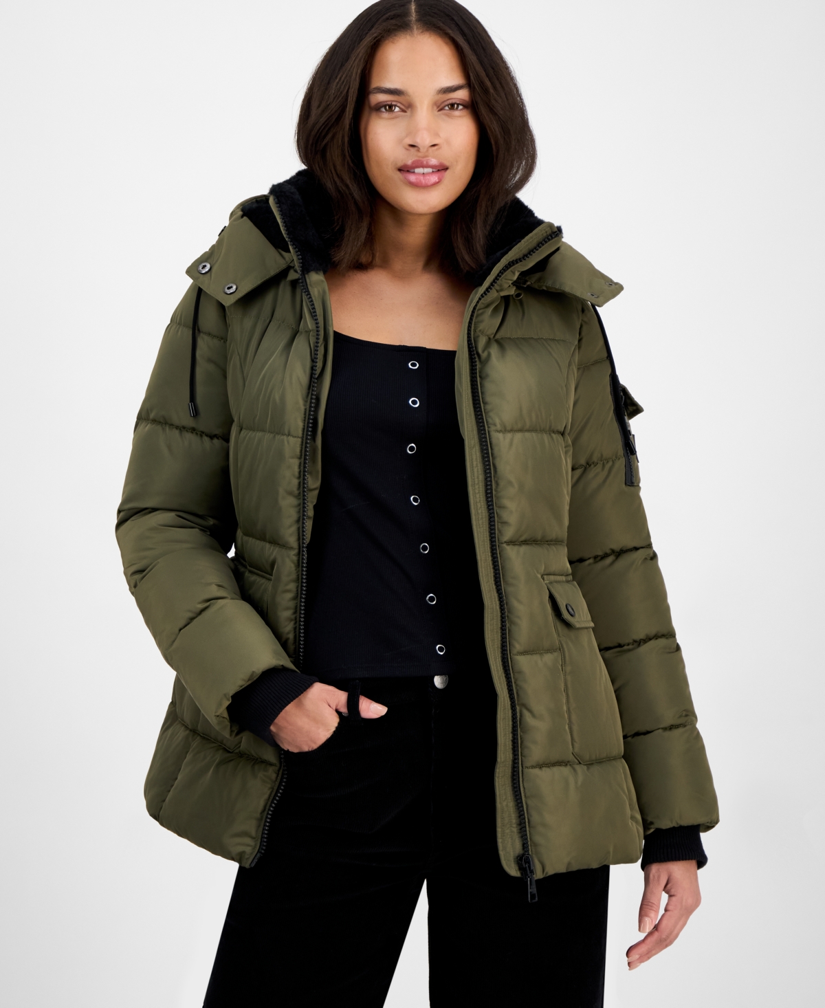 Click here for Steve Madden Womens Faux-Fur-Trim Hooded Utility-P... prices