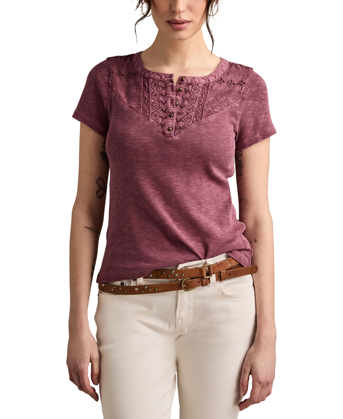 Lucky Brand Womens Cotton Cutwork Henley Tee - Red Violet