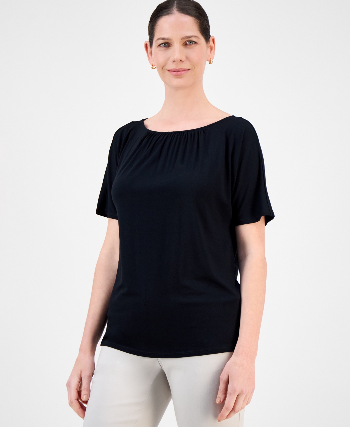 Click here for Jm Collection Womens Solid Pleat Neck Short-Sleeve... prices