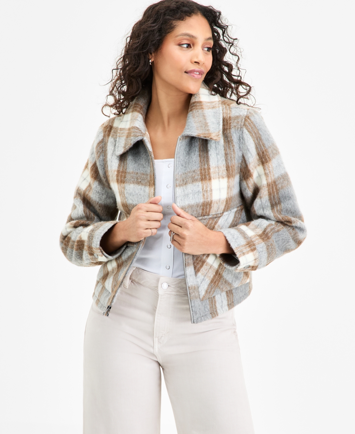 Click here for Bcbgmaxazria Womens Plaid Collared Zip-Front Coat... prices