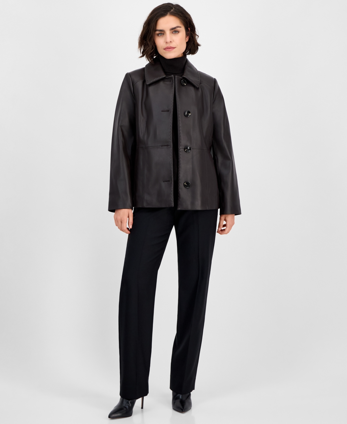 Click here for Anne Klein Womens Single-Breasted Leather Coat - C... prices