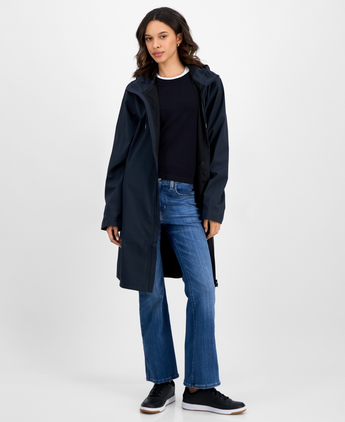 Click here for Rains Womens Long Zip-Front Hooded Rain Coat - Nav... prices