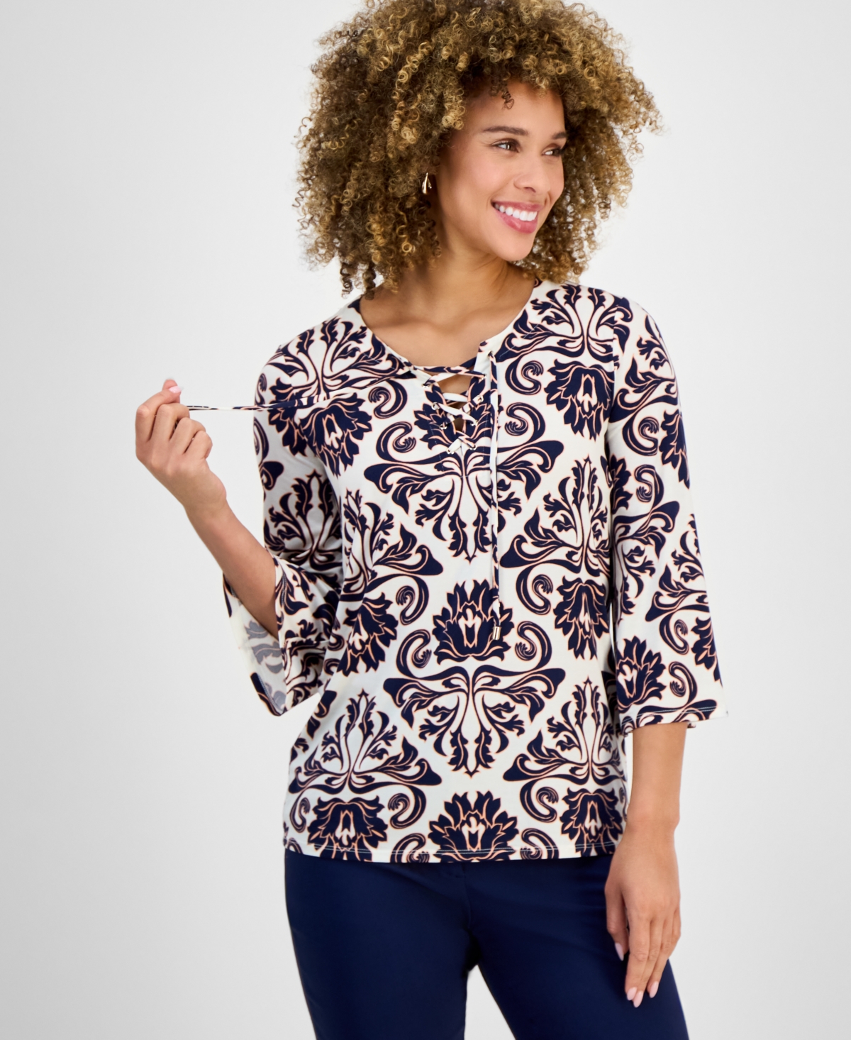 Click here for Jm Collection Womens Lace Up Knit Top  Exclusively... prices