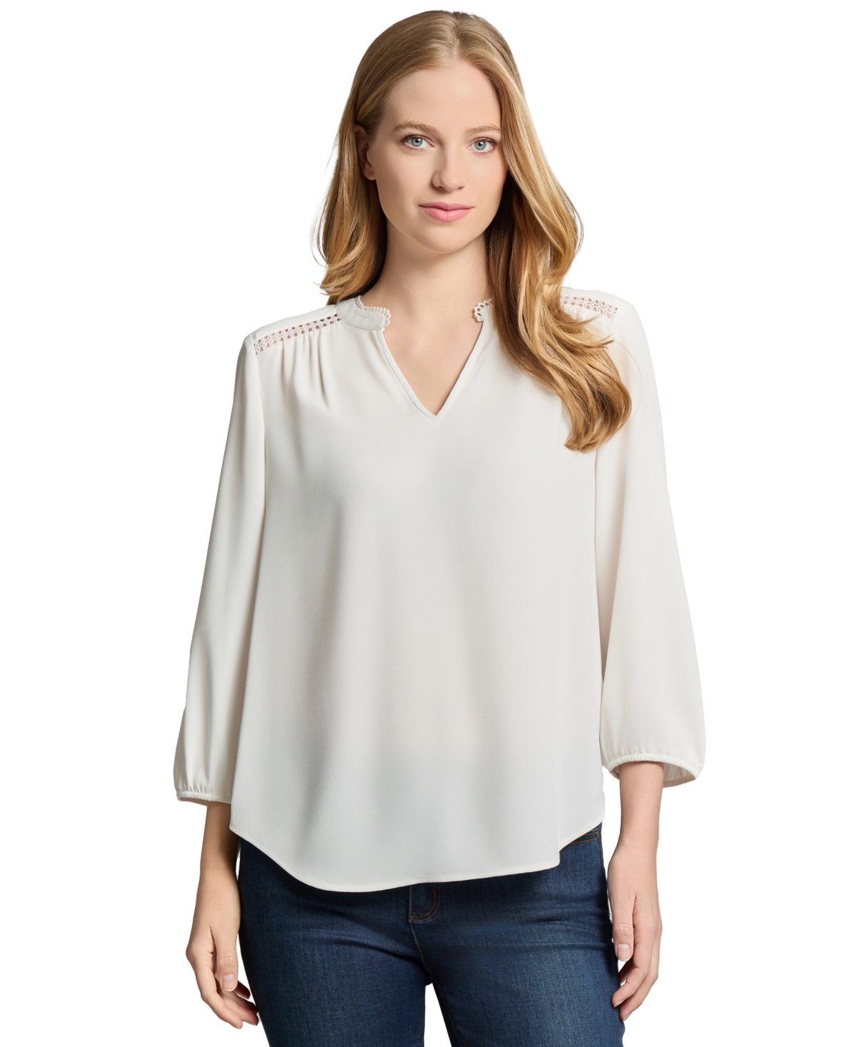 Click here for Jones New York Womens Split-Neck Picot-Trim Top -... prices