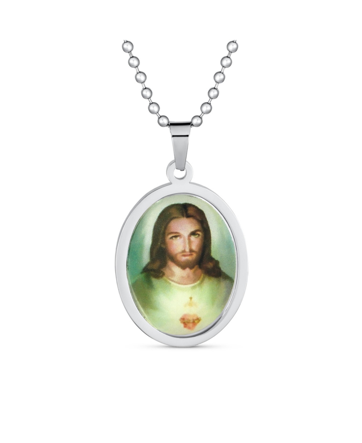 Bling Jewelry Oval Sacred Heart Jesus Pendant Necklace Silver Stainless Steel Medallion - Silver tone