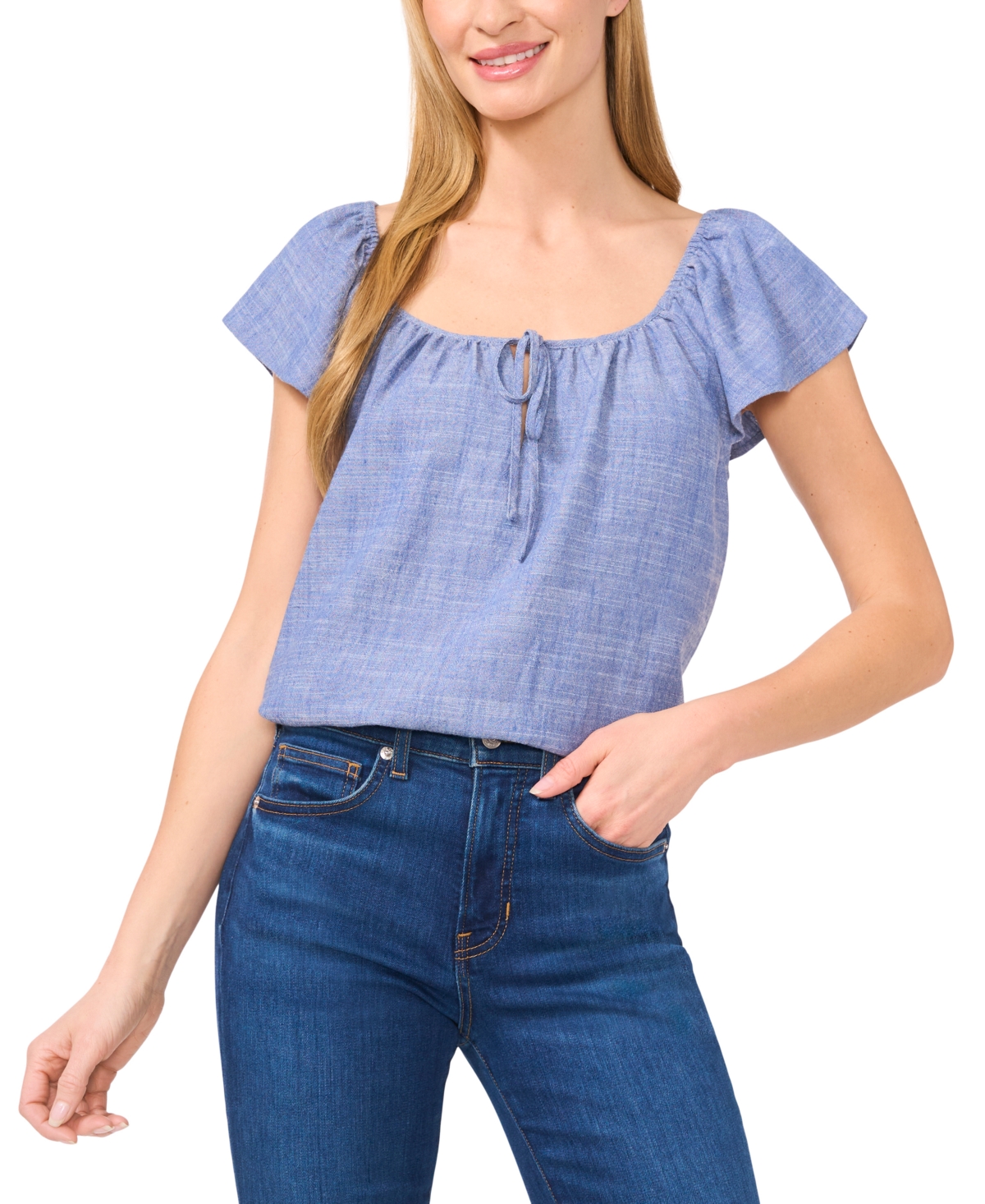 Click here for CeCe Womens Split-Neck Flutter-Sleeve Top - Indigo... prices