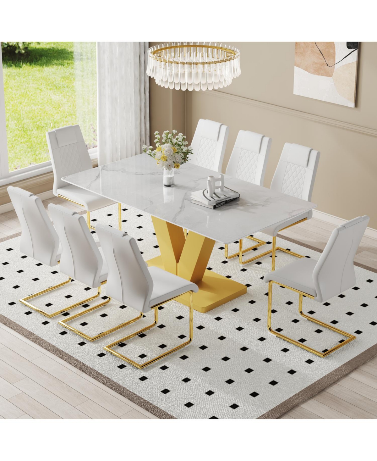 Click here for Luxurious Snow White Dining Set: Glass Table & 8 P... prices