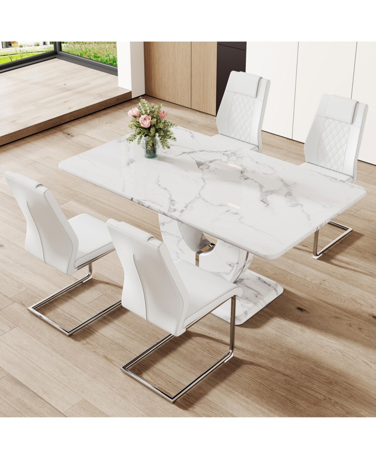 Click here for Marble-Patterned Dining Set: Table (63x37) & 4 Whi... prices