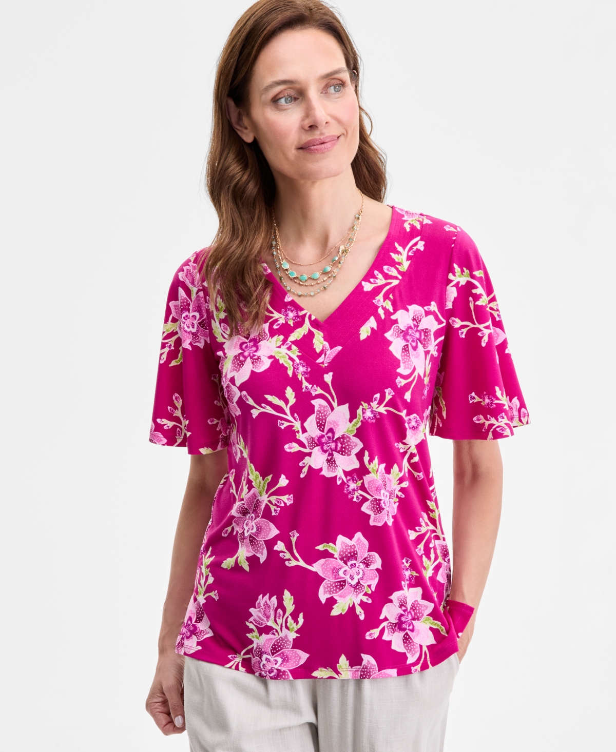 Click here for Jm Collection Womens Printed V-Neck Short Sleeve K... prices