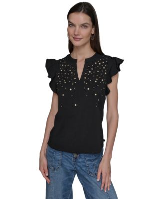 KARL LAGERFELD PARIS Women's Studded Ruffle Knit Top - Macy's