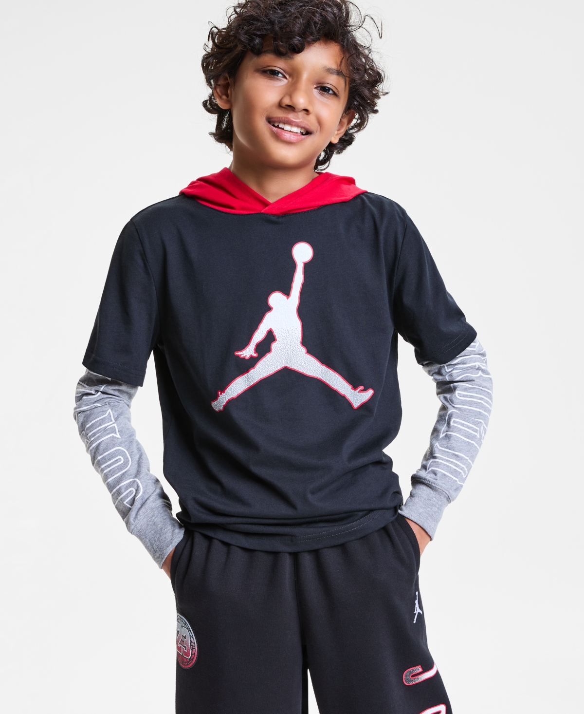Jordan Big Boys Gametime Layered-Look Hoodie - Black