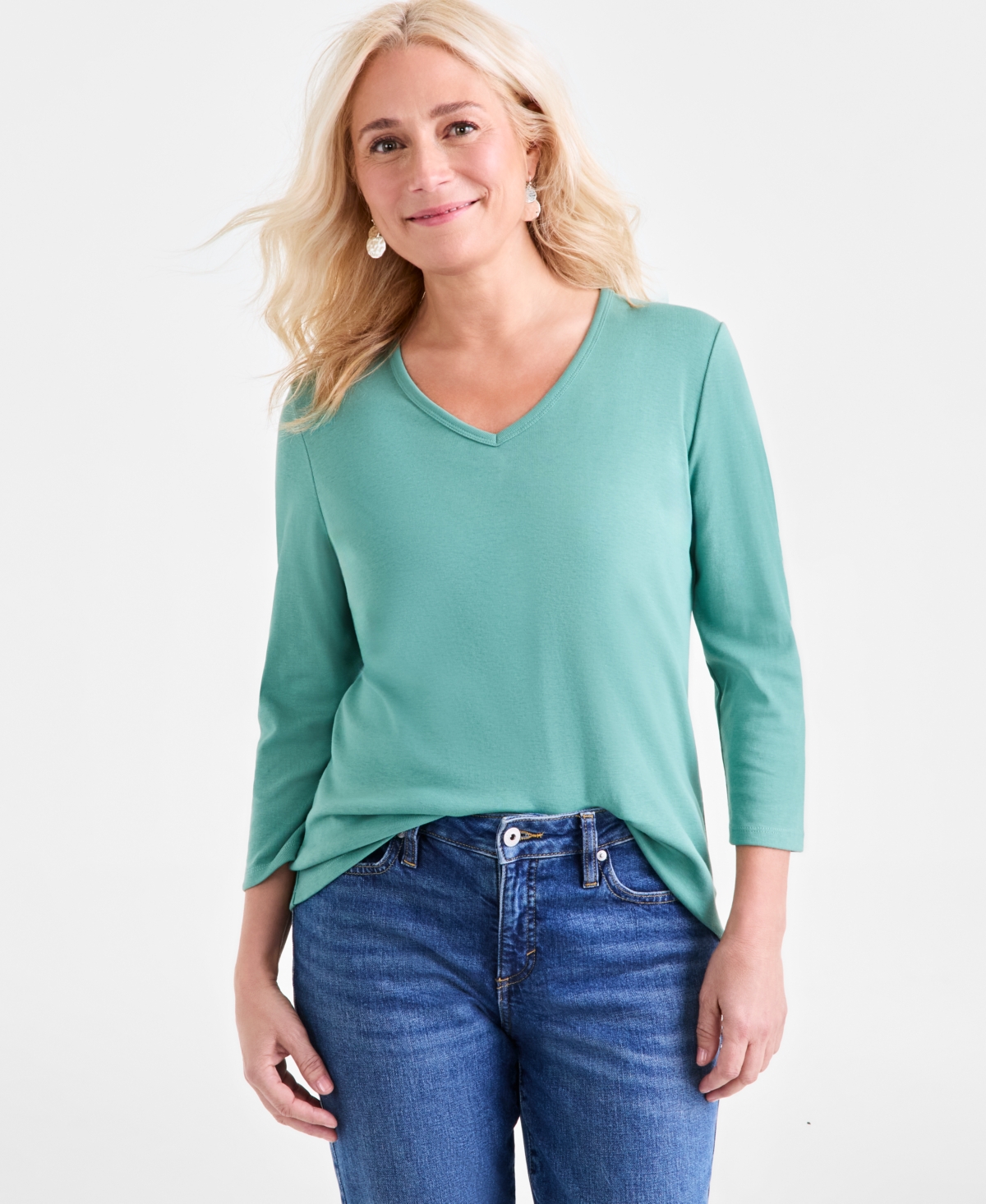 Click here for Style & Co Womens Cotton 3/4-Sleeve V-Neck Tee  Cr... prices