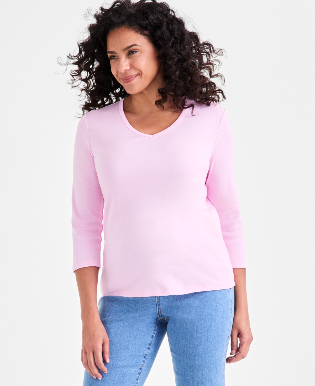 Click here for Style & Co Womens Cotton 3/4-Sleeve V-Neck Tee  Cr... prices