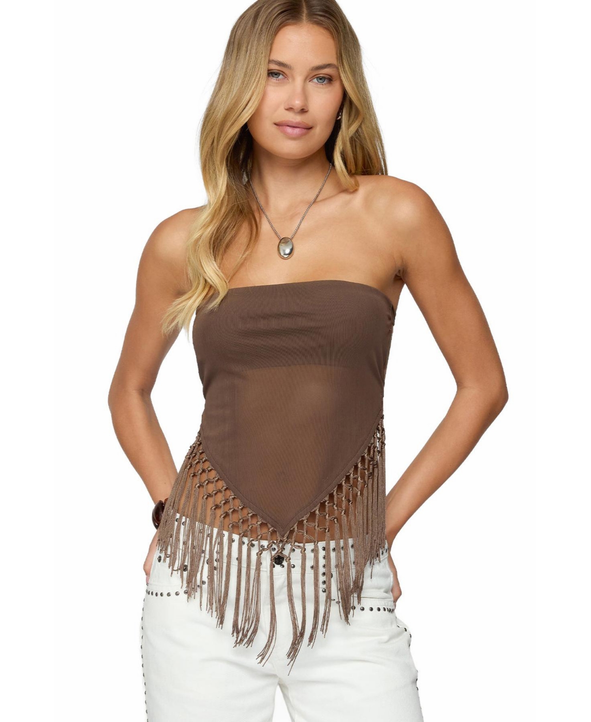 Edikted Womens Backless Sheer Mesh Strapless Top - Brown