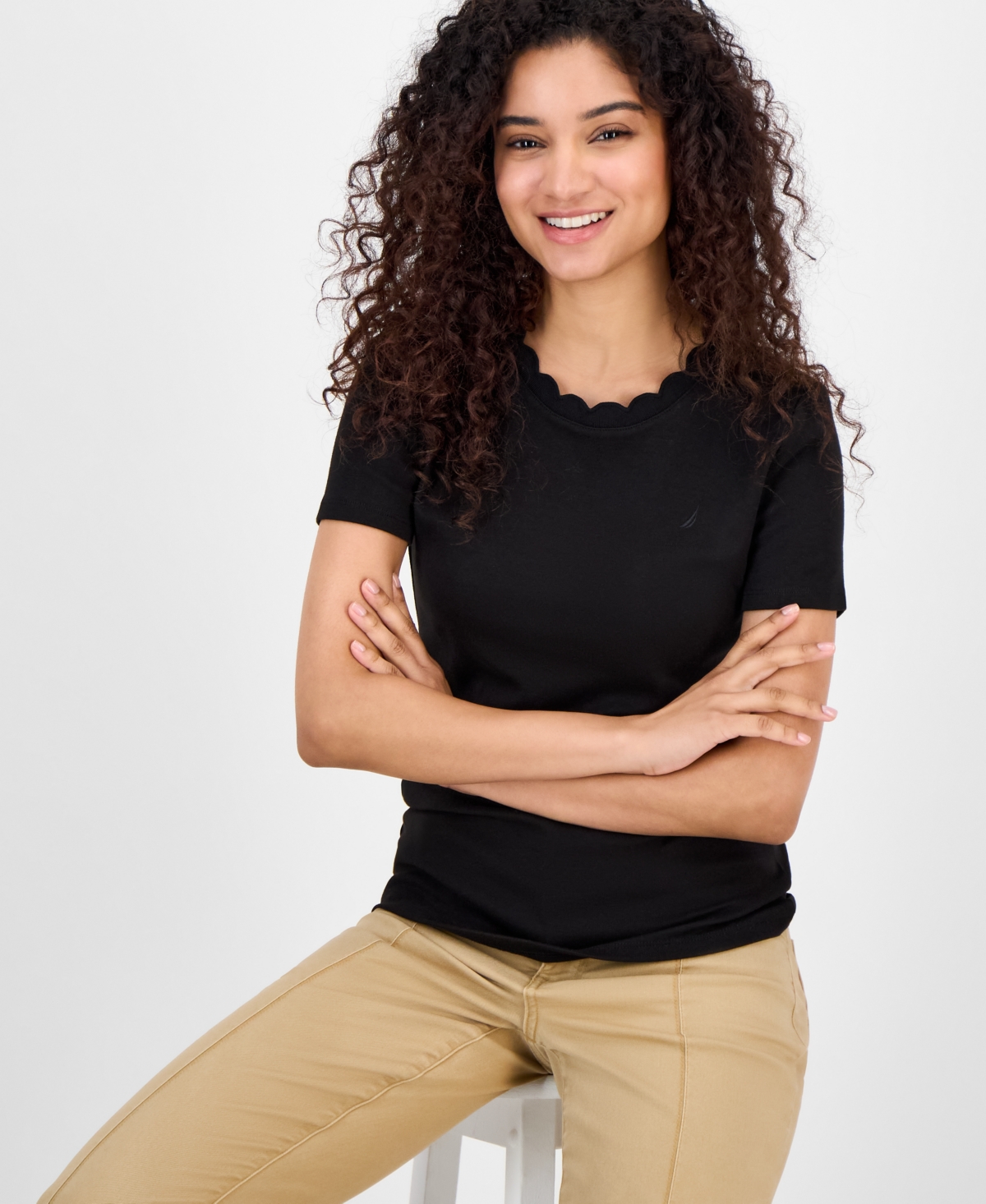Click here for Nautica Jeans Womens Cotton Scalloped-Neck T-Shirt... prices