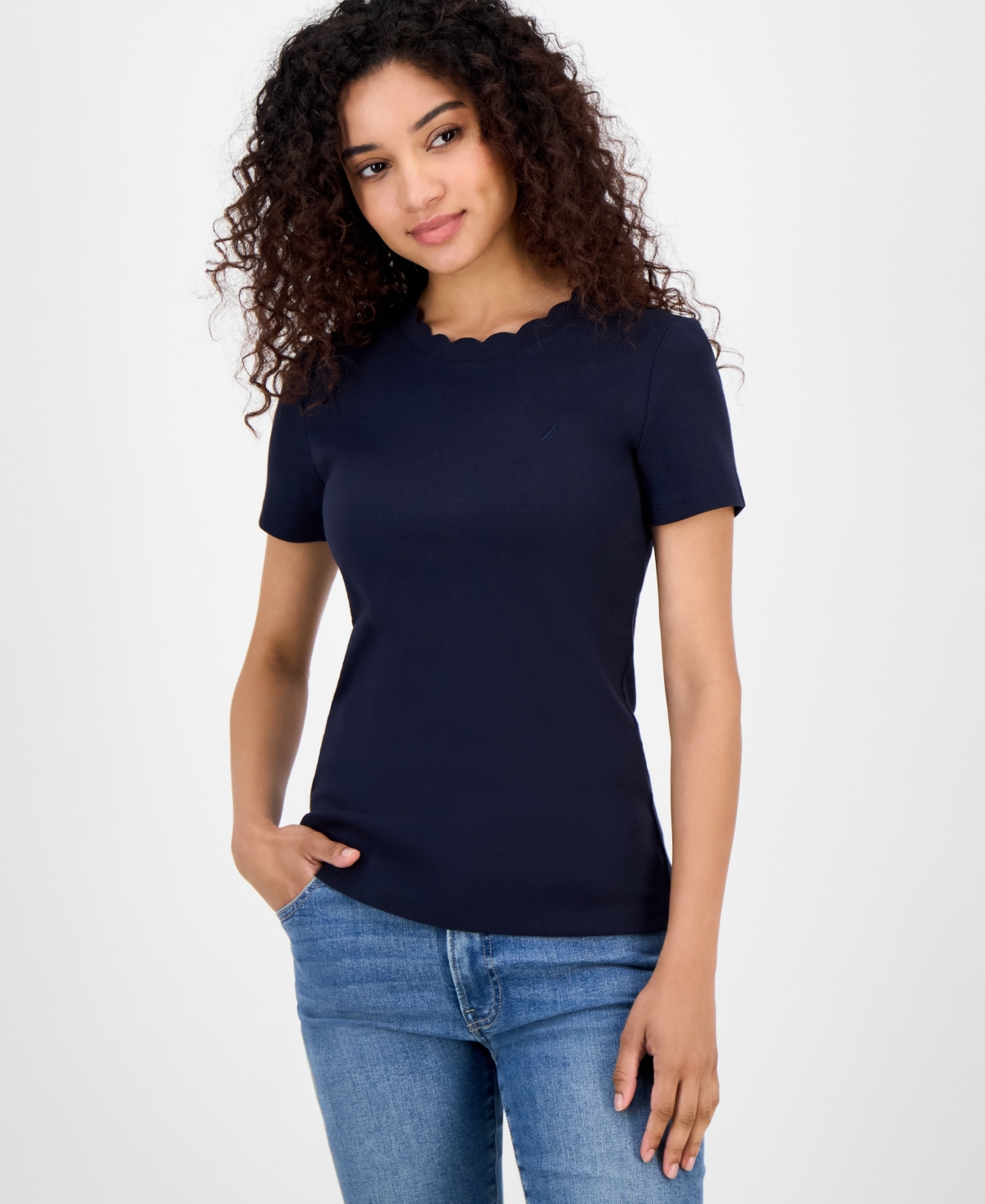 Click here for Nautica Jeans Womens Cotton Scalloped-Neck T-Shirt... prices