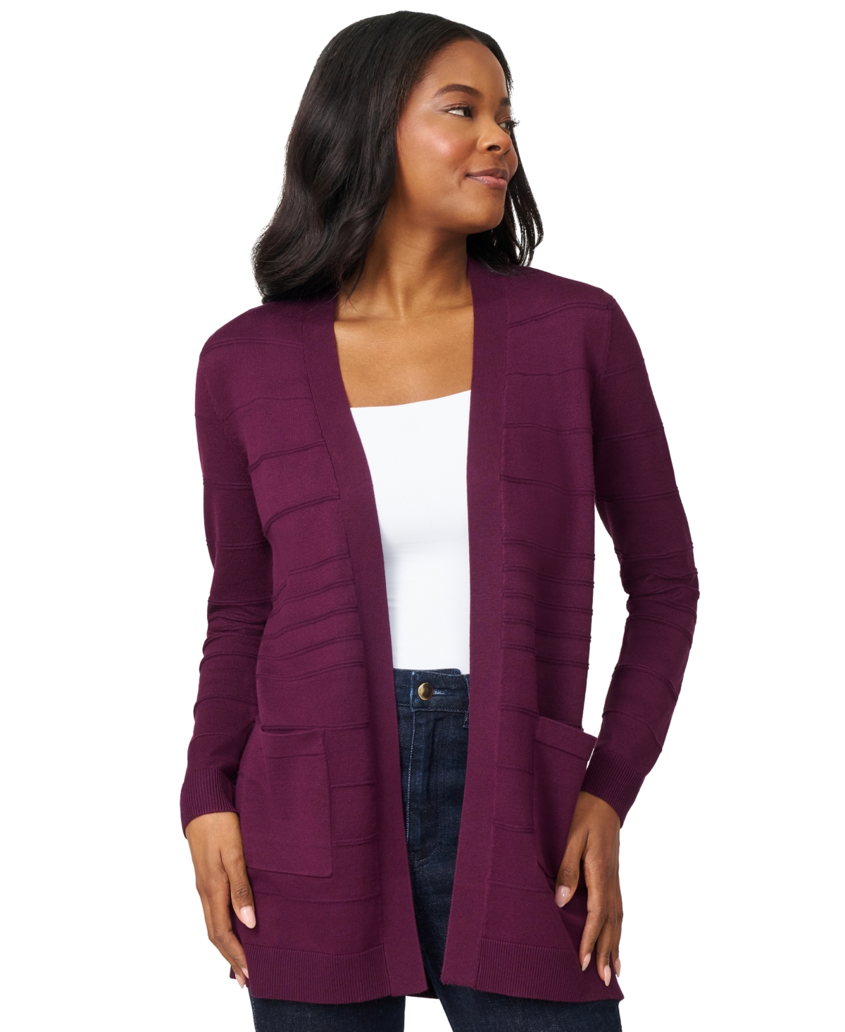 Click here for Melissa Paige Petite Textured-Stripe Open-Front Ca... prices