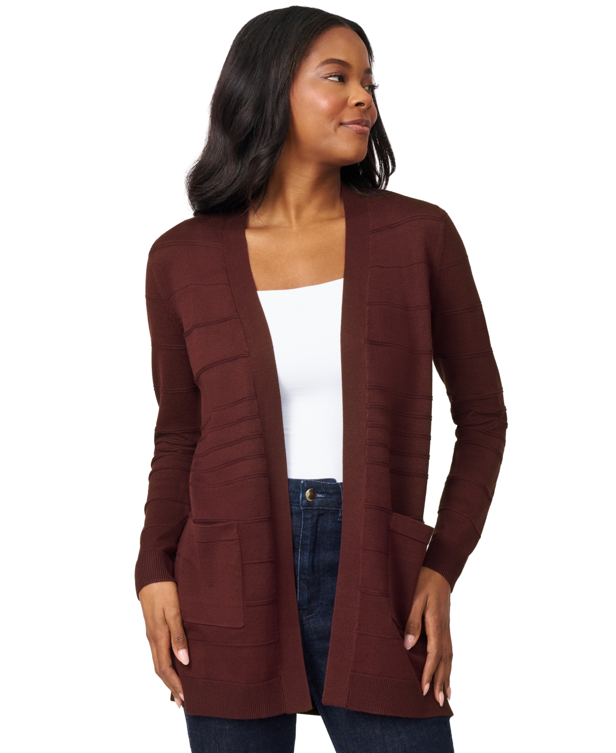 Click here for Melissa Paige Petite Textured-Stripe Open-Front Ca... prices