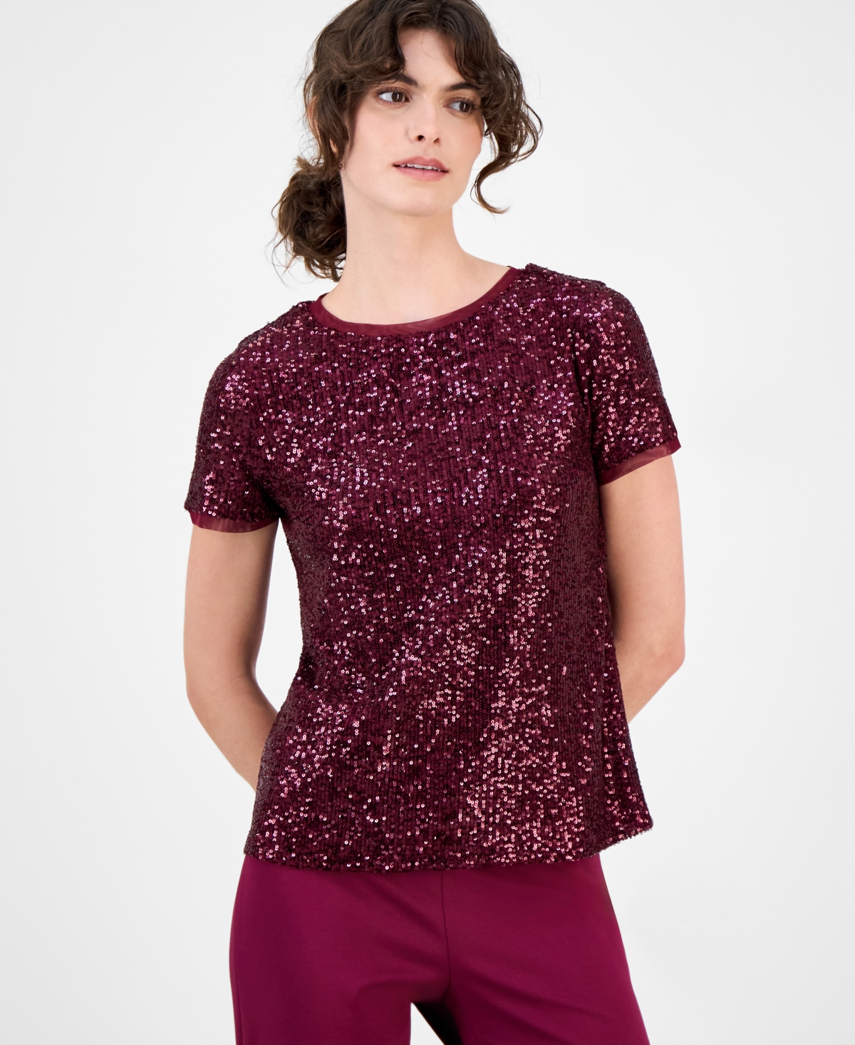 Click here for Anne Klein Womens Sequined T-Shirt - Chianti prices