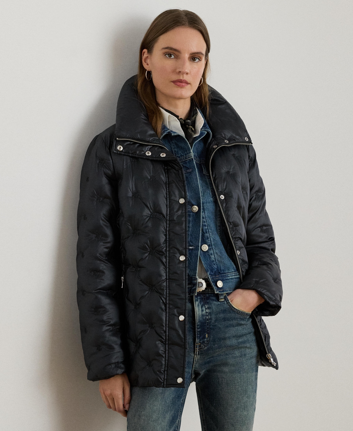 Lauren Ralph Lauren Womens Embroidered Puffer Coat - Black