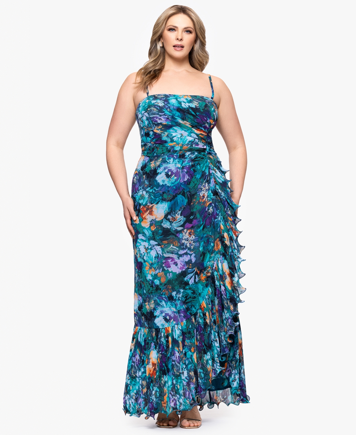 Click here for Xscape Plus Size Printed Ruffled Sleeveless Maxi D... prices