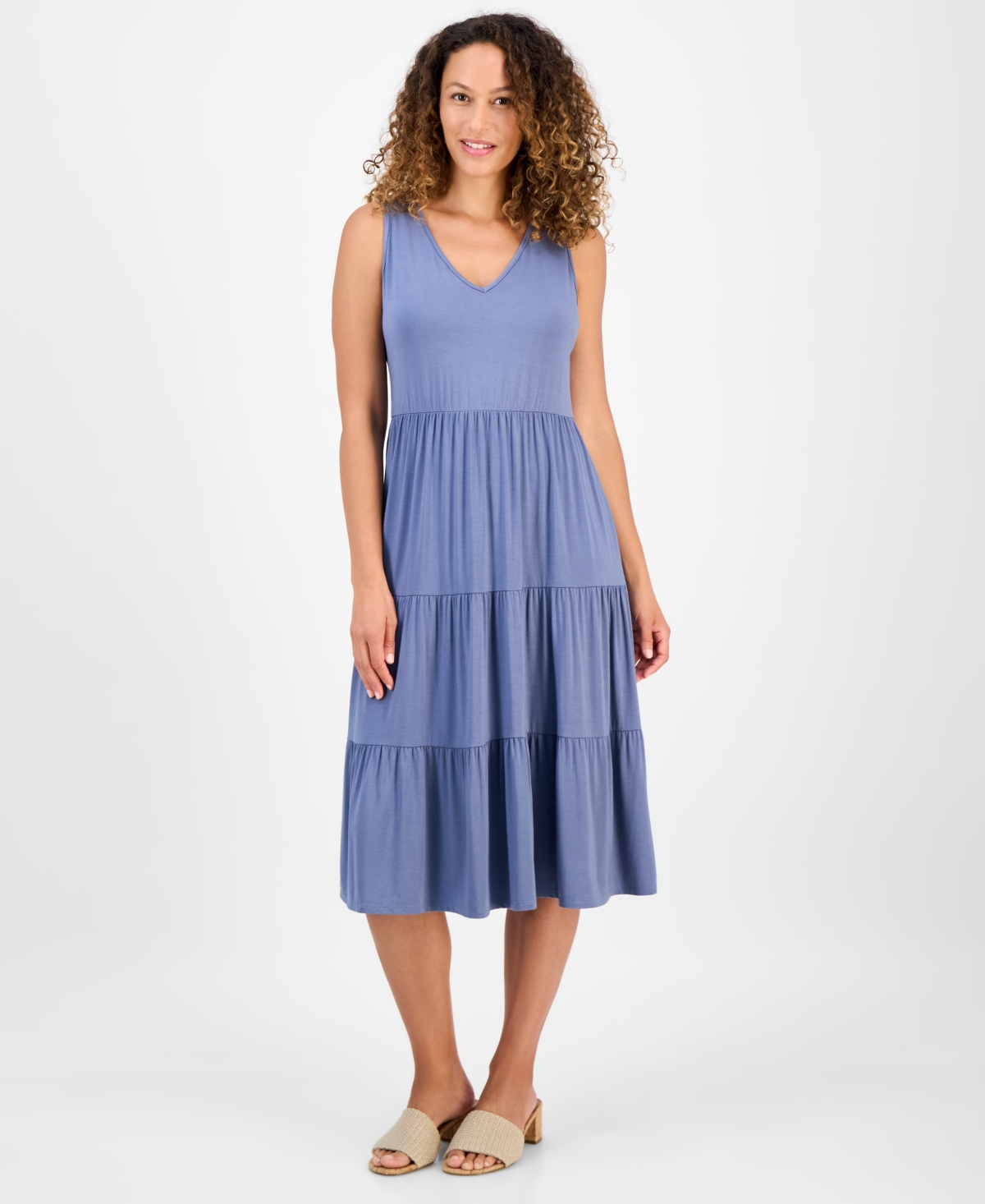 Click here for Style & Co Petite V-Neck Tiered Sleeveless Midi Dr... prices