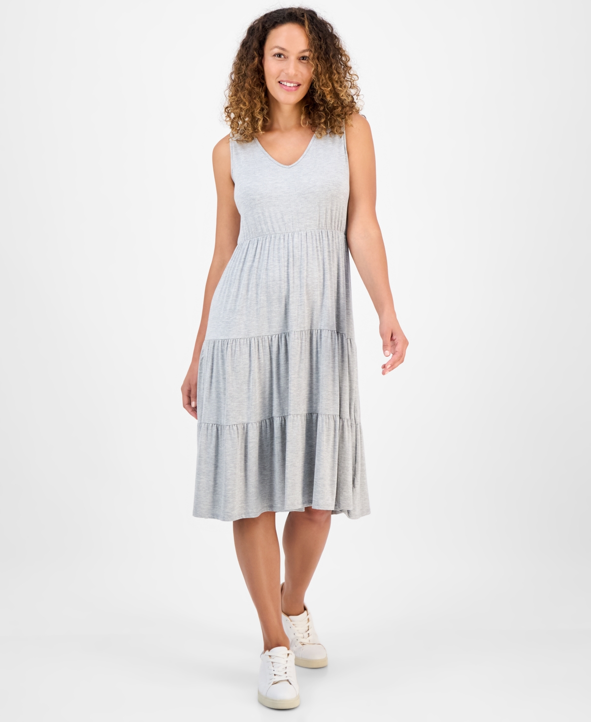 Click here for Style & Co Petite V-Neck Tiered Sleeveless Midi Dr... prices