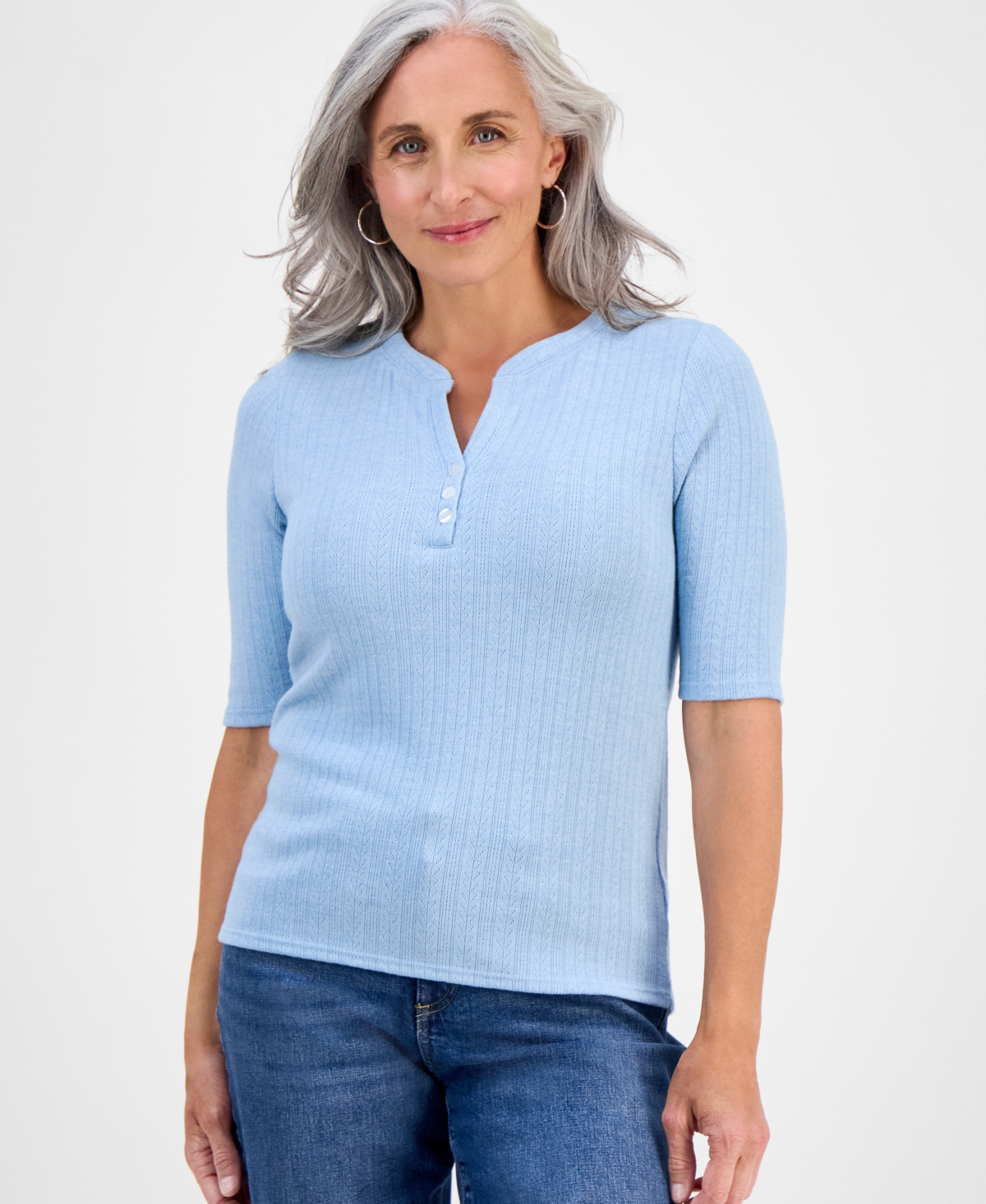 Click here for Style & Co Petite Pointelle Elbow-Sleeve Henley Kn... prices