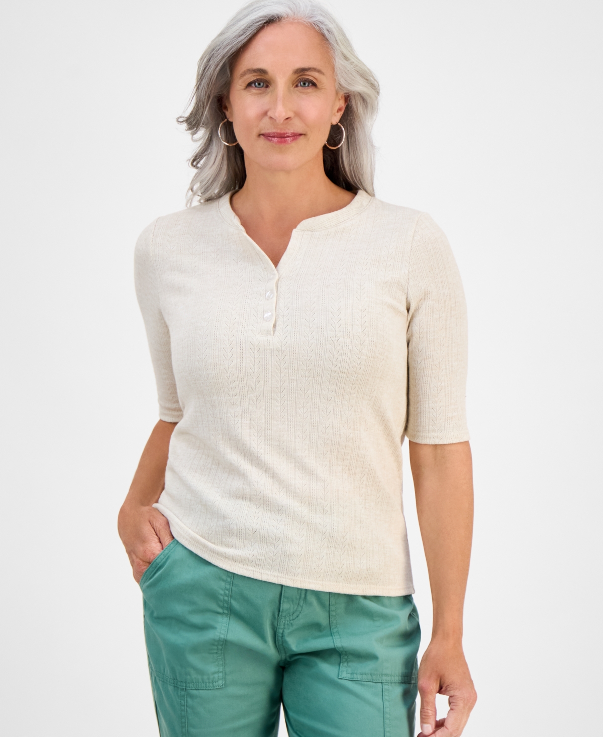 Click here for Style & Co Petite Pointelle Elbow-Sleeve Henley Kn... prices