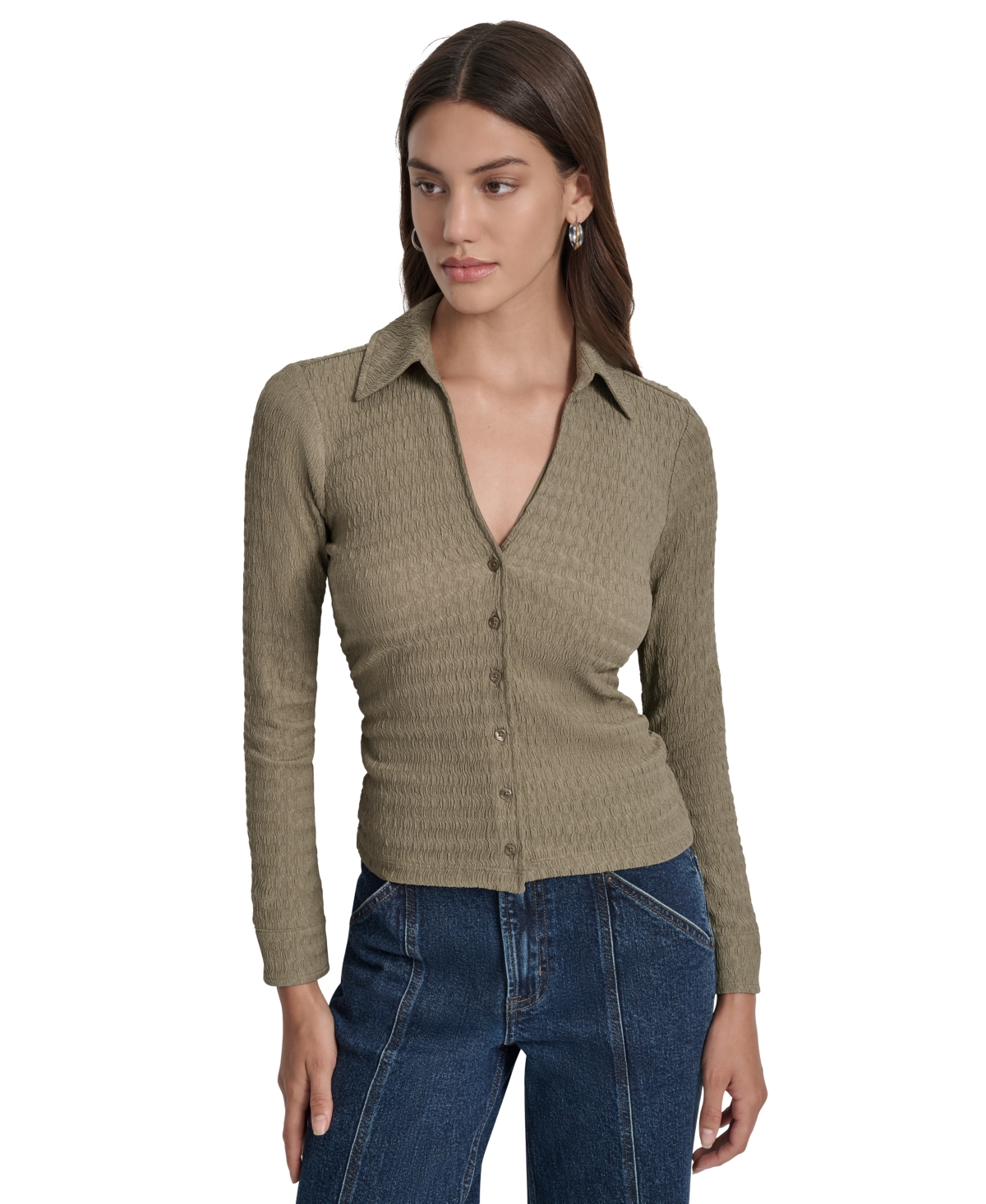 Click here for Dkny Jeans Womens Textured Collared Button-Front T... prices
