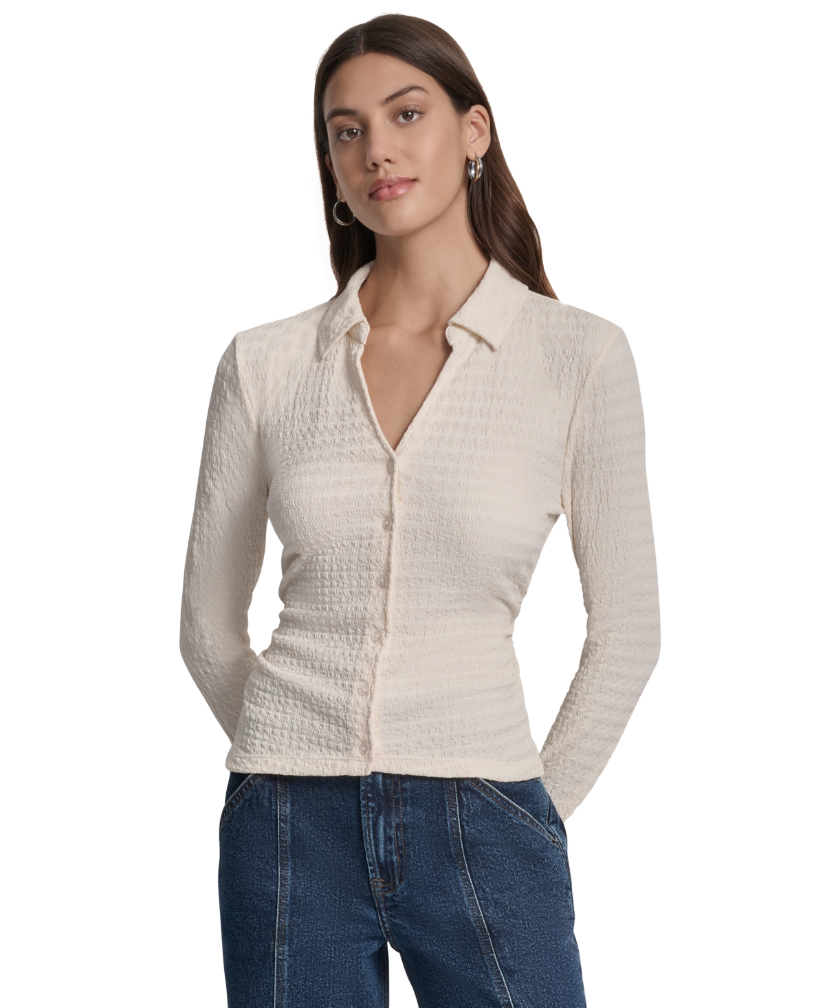Click here for Dkny Jeans Womens Textured Collared Button-Front T... prices