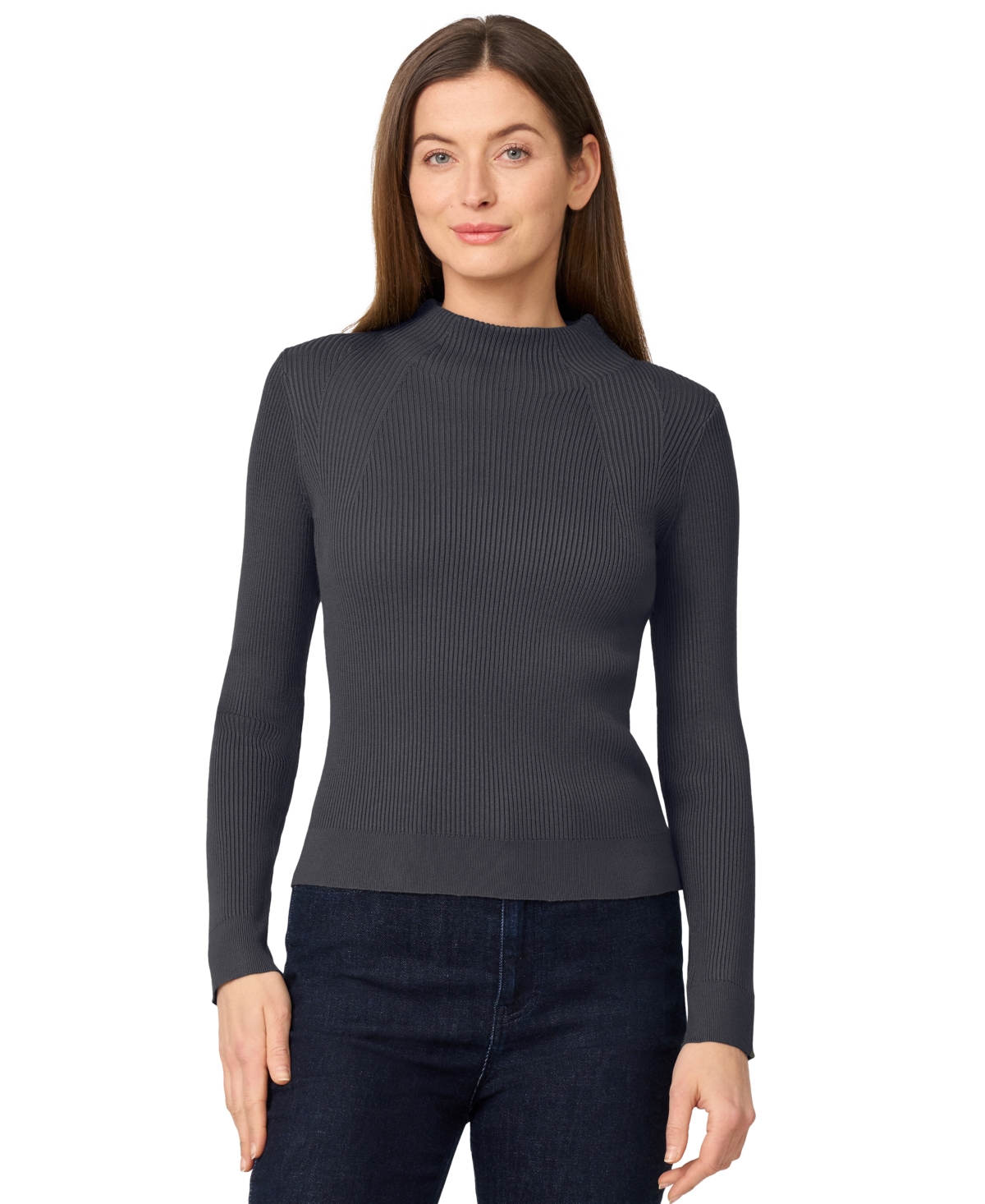 Melissa Paige Womens Mock-Neck Rib-Knit Sweater - Charcoal Grey