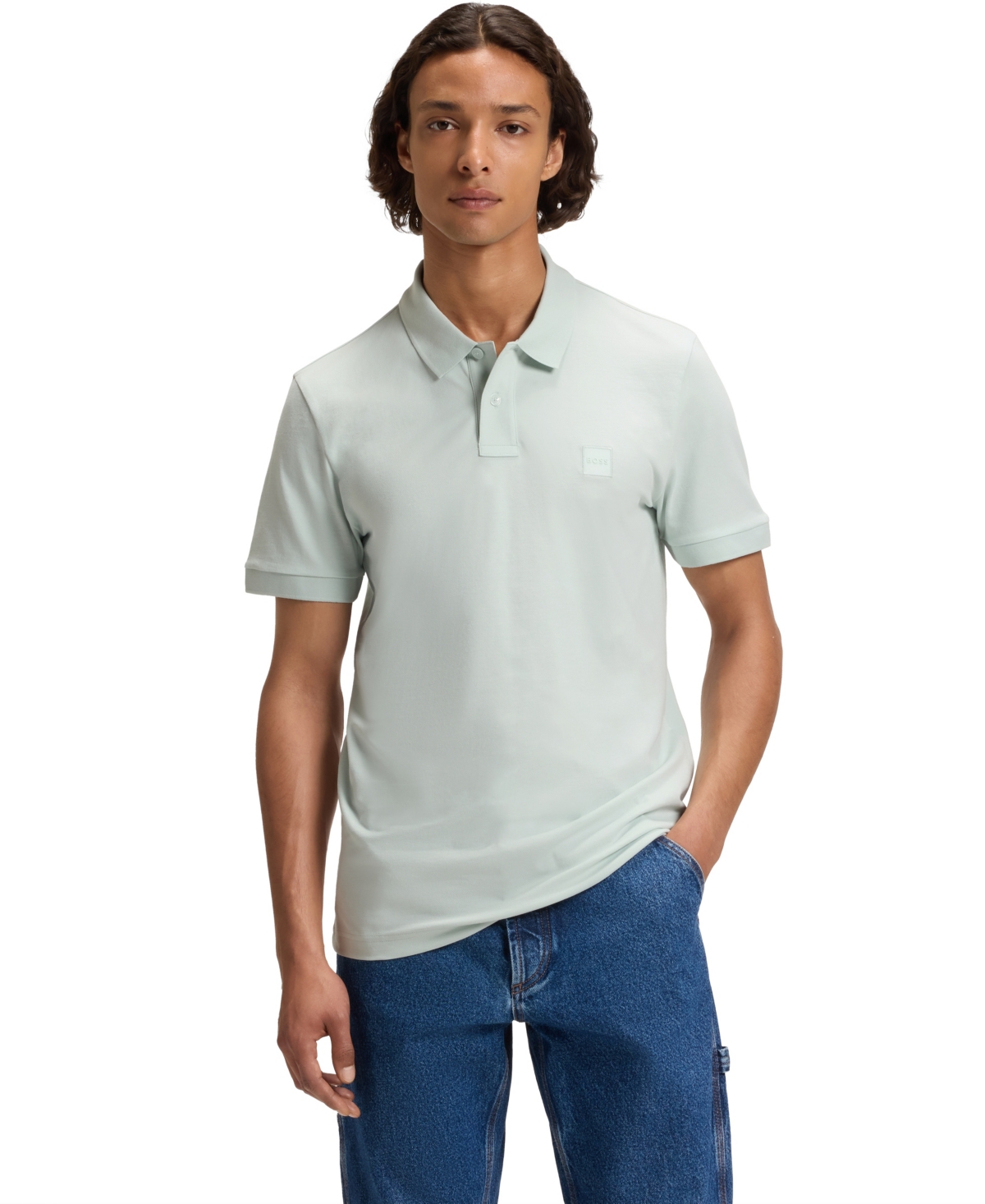 Boss by Hugo Boss Mens Slim-Fit Stretch-Cotton Logo Patch Polo Shirt - Light Blue