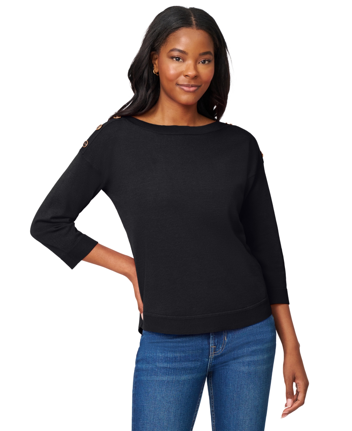 Melissa Paige Womens Boat-Neck Button-Shoulder Sweater - Jet Black