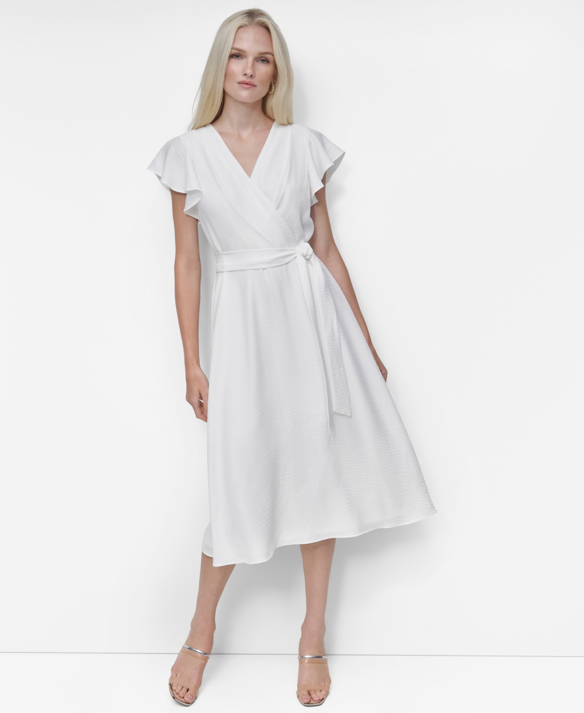 Click here for Dkny Womens Flutter-sleeve Midi Dress - Cream prices