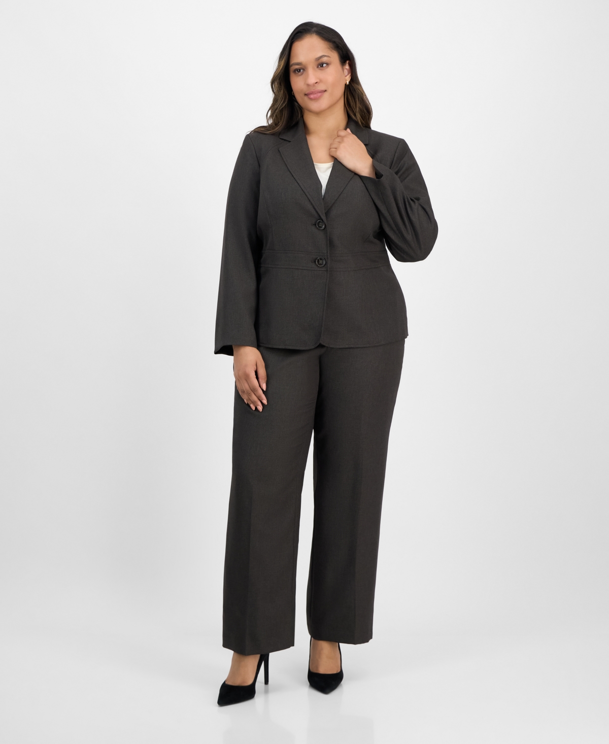 Click here for Le Suit Plus Size Notched Collar Wide-Leg Pantsuit... prices