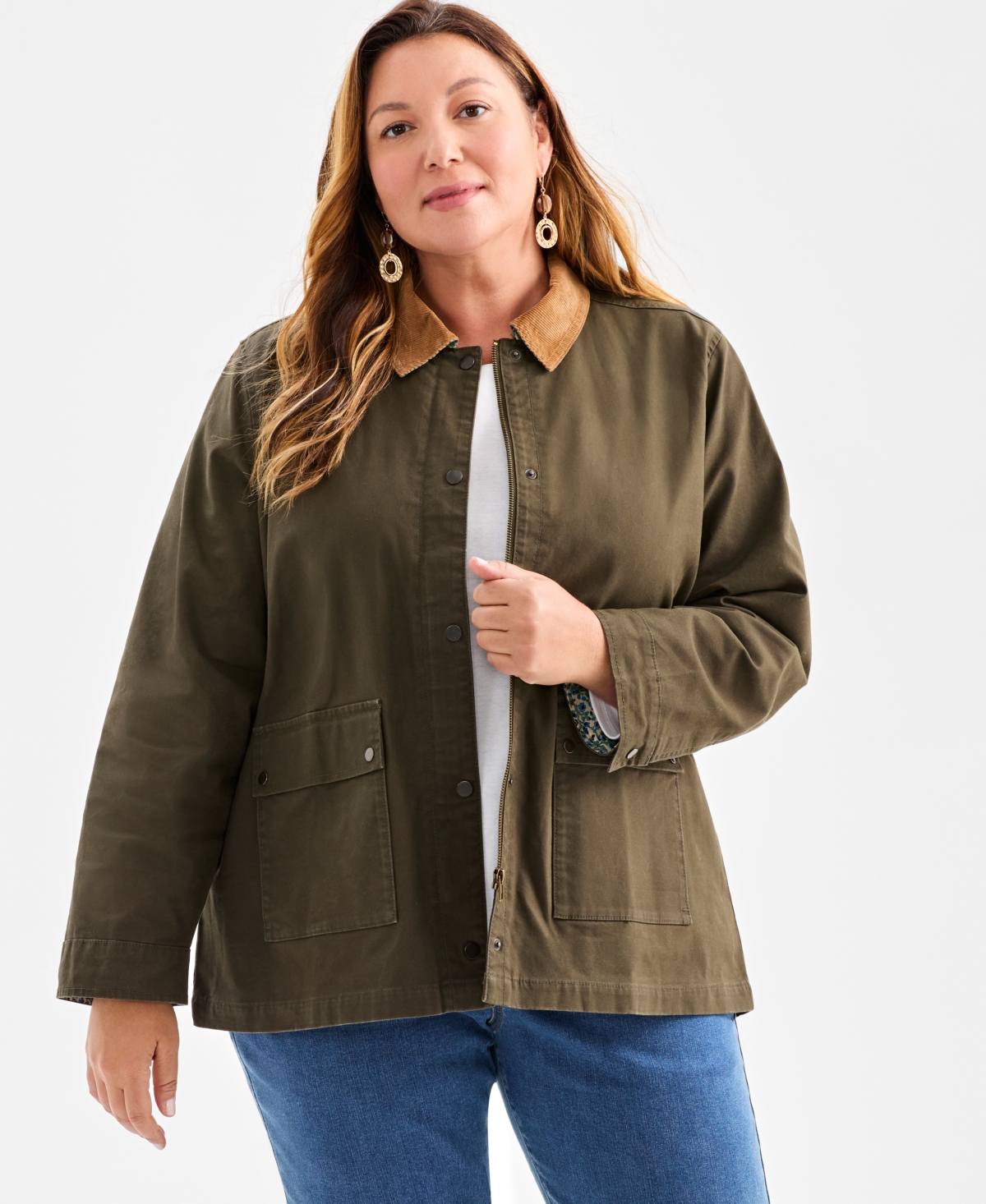 Click here for Style & Co Plus Size Canvas Collared Utility Jacke... prices