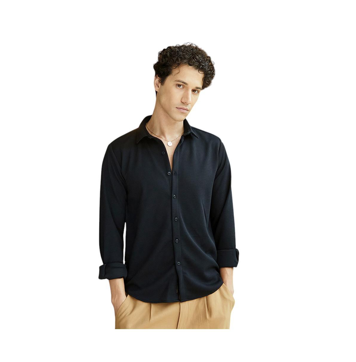 Click here for Campus Sutra Mens Midnight Black Waffle-Textured S... prices