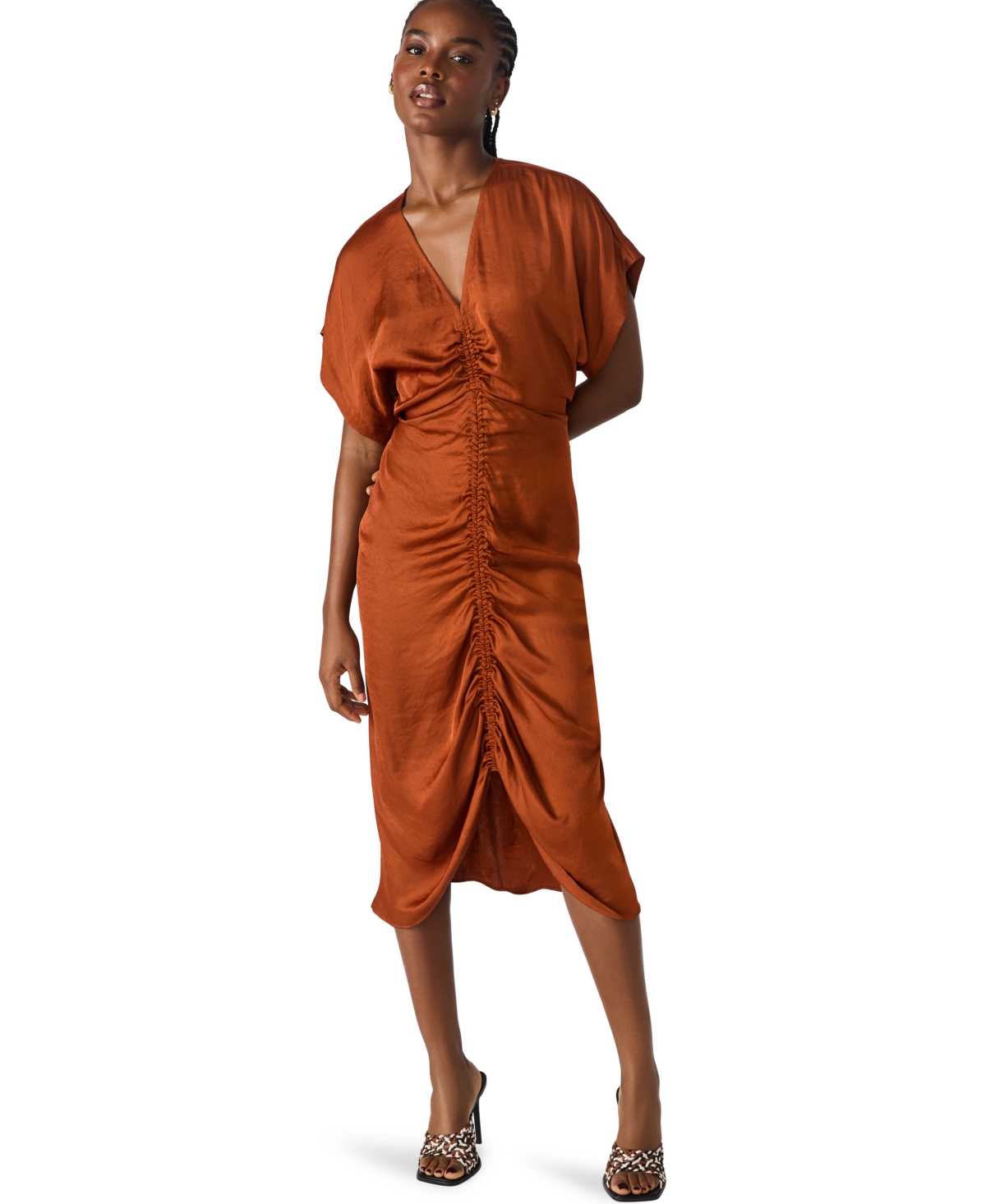 Steve Madden Womens Aimee V-Neck Shirred-Front Dress - Gingerbread