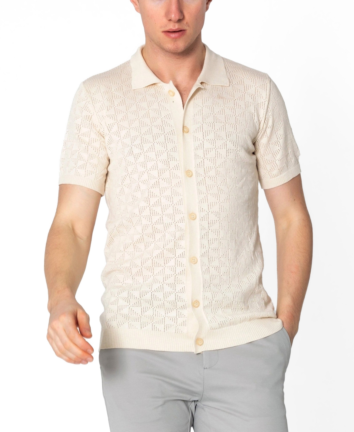 Click here for Ron Tomson Mens Geometric Crochet Knit Shirt - Bei... prices