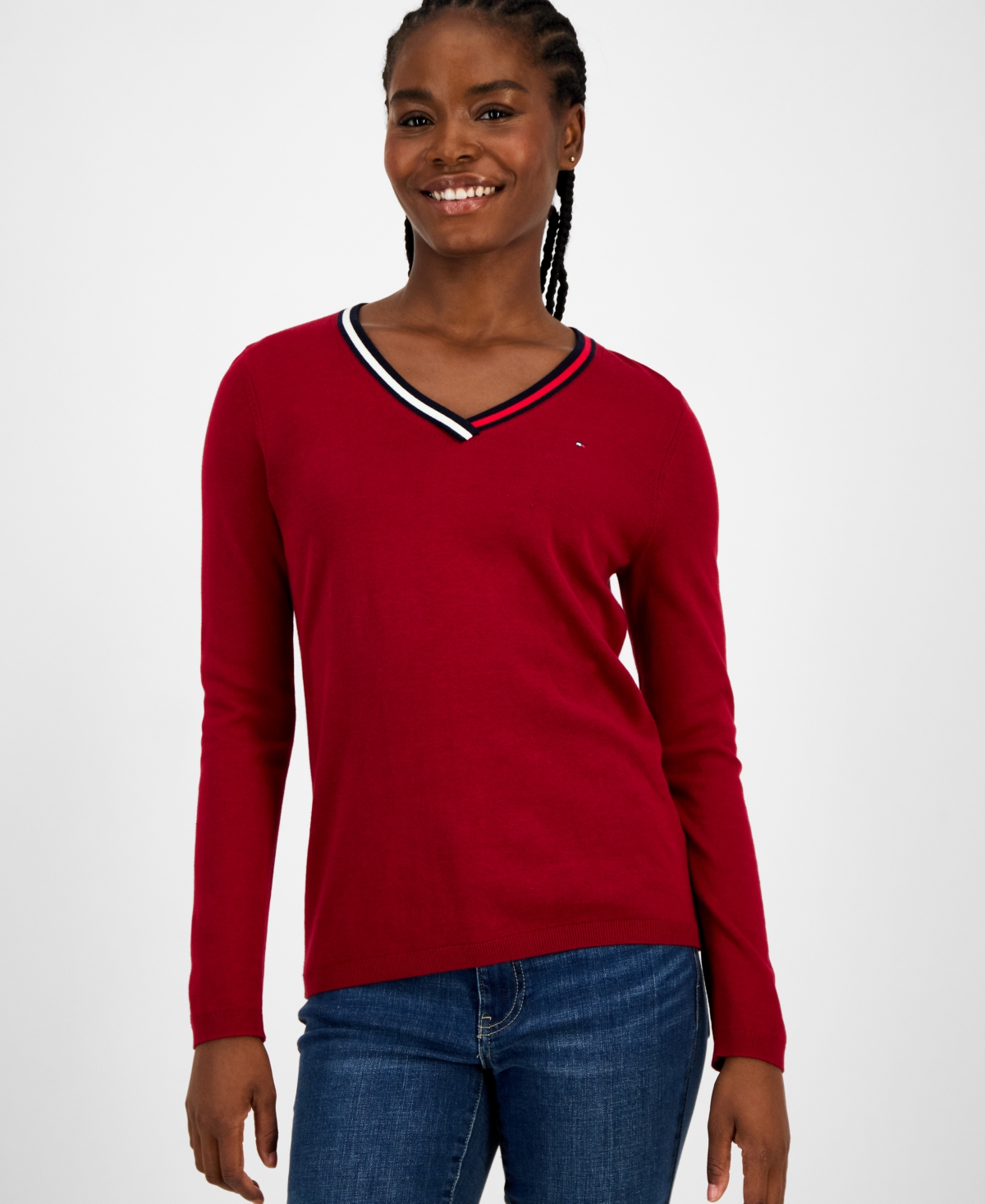 Click here for Tommy Hilfiger Womens Cotton V-Neck Sweater - Crim... prices